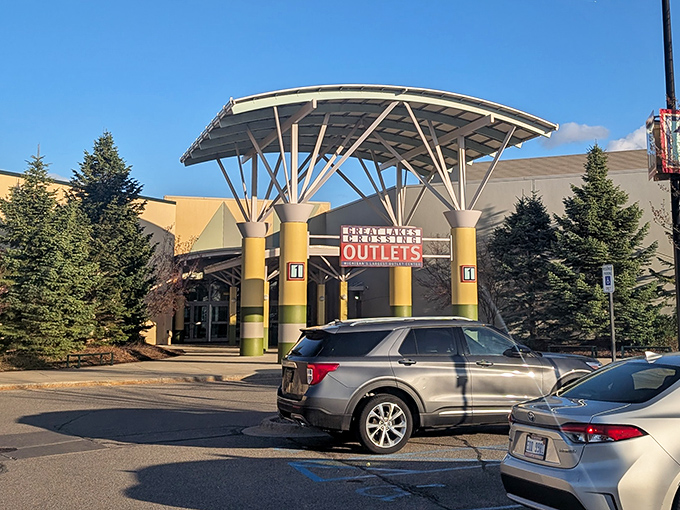 The grand entrance beckons like a retail mothership ready to beam you up into shopping nirvana. Michigan's weather stays outside while your wallet gets lighter inside.