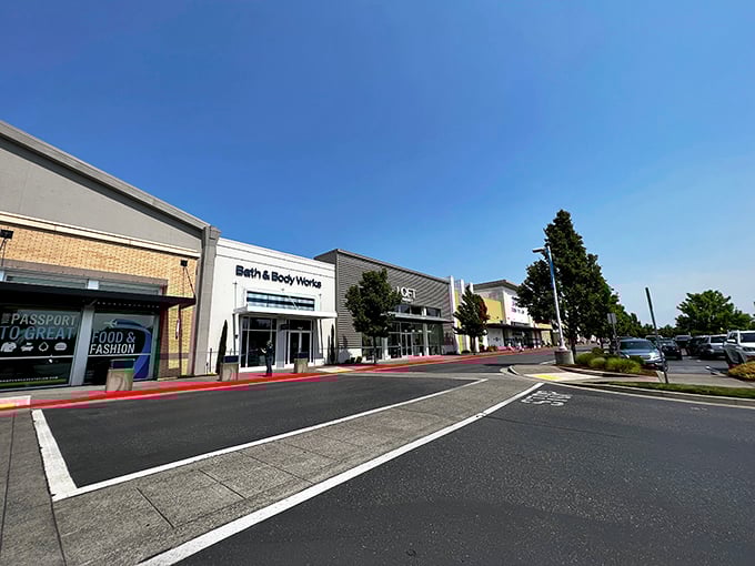 Retail therapy paradise under Portland's rare blue skies. Bath & Body Works beckons with aromatic promises while ample parking whispers, "Stay awhile."