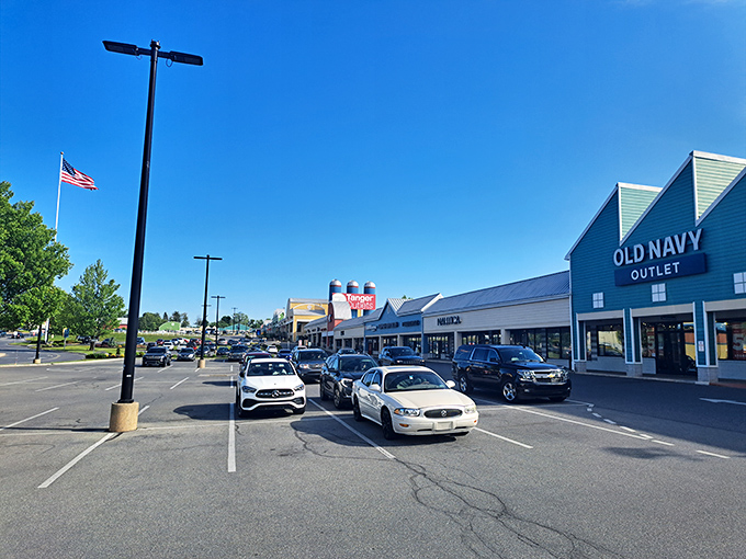Retail therapy paradise awaits with Old Navy anchoring this section of the outlets, where parking spots become precious weekend commodities.