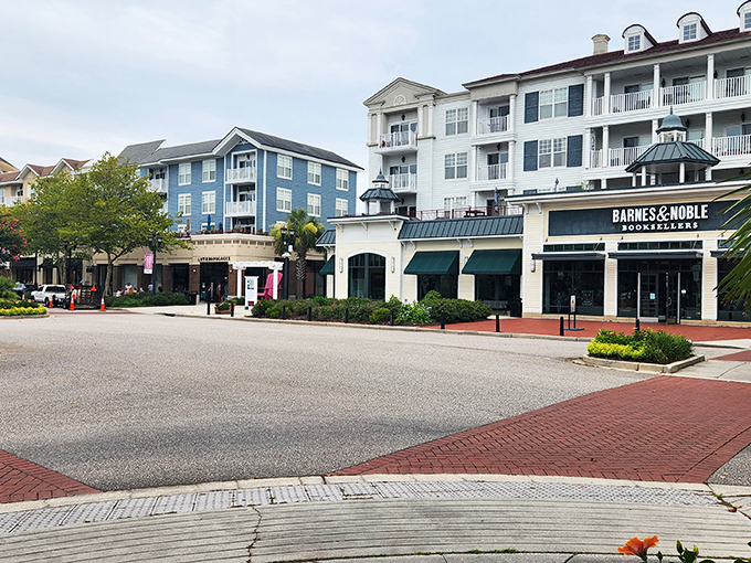 Barnes & Noble anchors this corner where coastal architecture meets retail therapy&mdash;proof that bookstores still have magical drawing power.