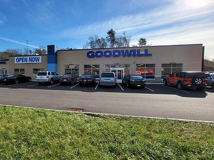 The Parkersburg Goodwill's welcoming exterior belies the treasure trove within&mdash;where bargain hunters' vehicles gather for the ultimate thrifting adventure.