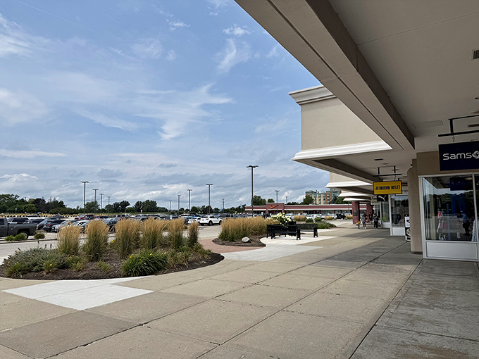 Blue skies welcome bargain hunters to Pleasant Prairie's retail paradise, where ample parking awaits the savvy Wisconsin shopper's expedition.