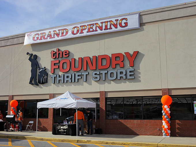 The Foundry's bold red signage isn't just a welcome &ndash; it's a promise that your wallet is about to have a much better day than expected.