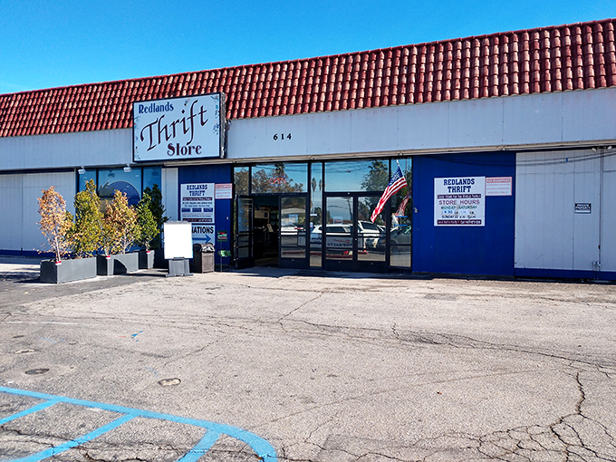 Another view of the storefront, complete with patriotic flair and the promise of bargains behind those blue-trimmed doors.