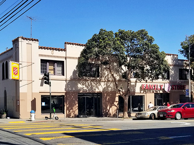 The iconic red shield beckons bargain hunters to this Valencia Street treasure trove, where San Francisco sunshine highlights the promise of discoveries within.