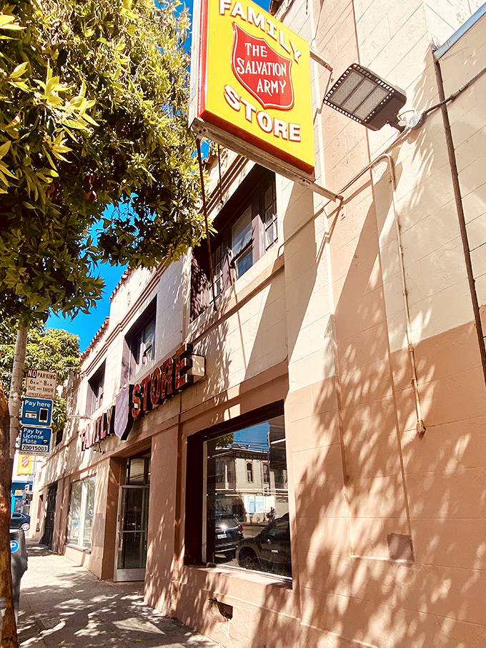 The iconic red shield beckons bargain hunters to this Valencia Street treasure trove, where San Francisco sunshine highlights the promise of discoveries within.