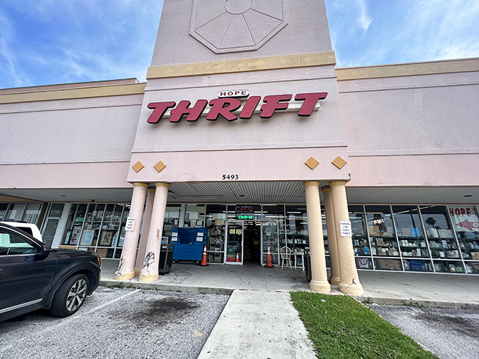 The bold red letters of Hope Thrift Store beckon like a siren call to bargain hunters. This unassuming storefront houses treasures that would make any antiquing show host weep with joy.