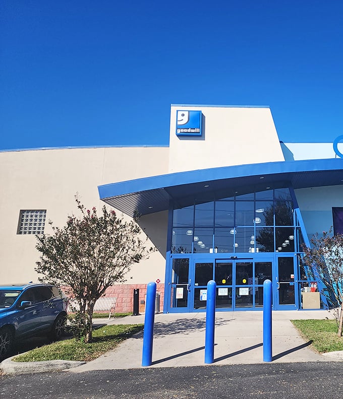 The blue and white beacon of bargain hunting stands proud against Florida's cloudless sky, promising treasure within its modern walls.