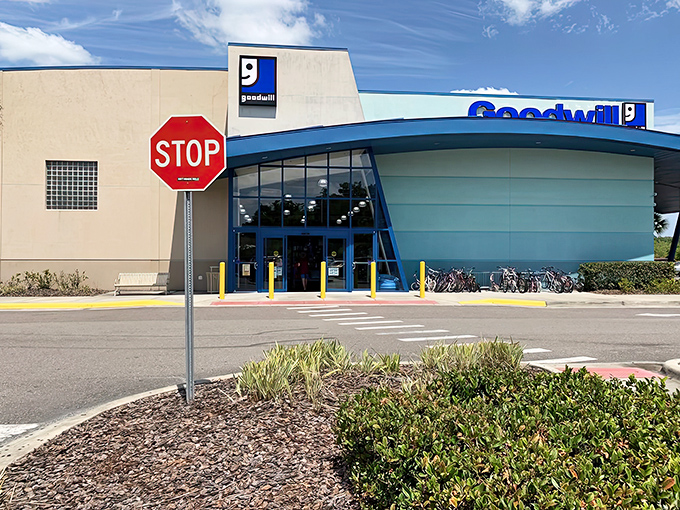 The blue facade of Goodwill's Wesley Chapel location stands like a beacon of bargain possibilities, promising treasure hunts without the sunburn.