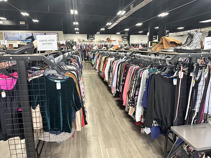 The red and cream exterior of Tampa Thrift stands like a beacon of bargain hope on N Dale Mabry Hwy, promising treasures within its walls.