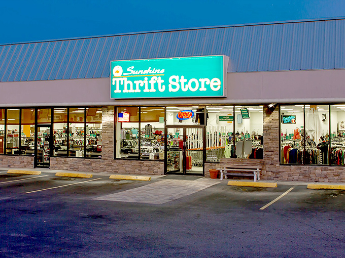 By night, the store glows like a beacon of budget-friendly possibilities, drawing in moths to its fluorescent flame of fashion finds.