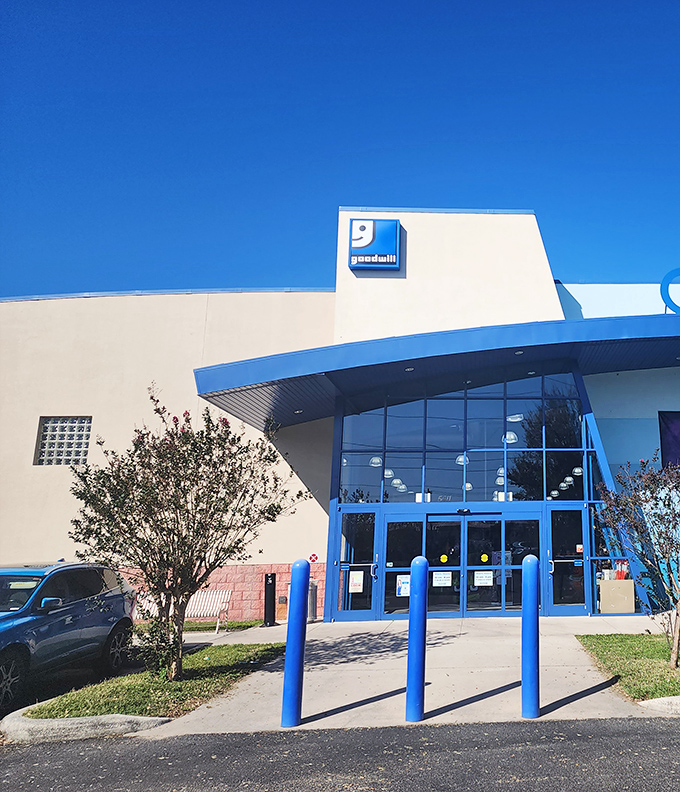 The blue and white beacon of bargain hunting stands proud against Florida's cloudless sky, promising treasure within its modern walls.