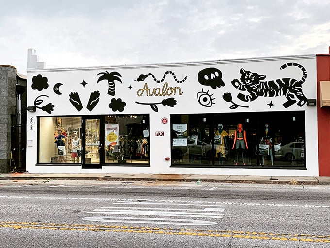 Avalon Exchange's storefront is like a fashion portal guarded by a whimsical tiger and palm tree &ndash; secondhand shopping with first-rate personality.