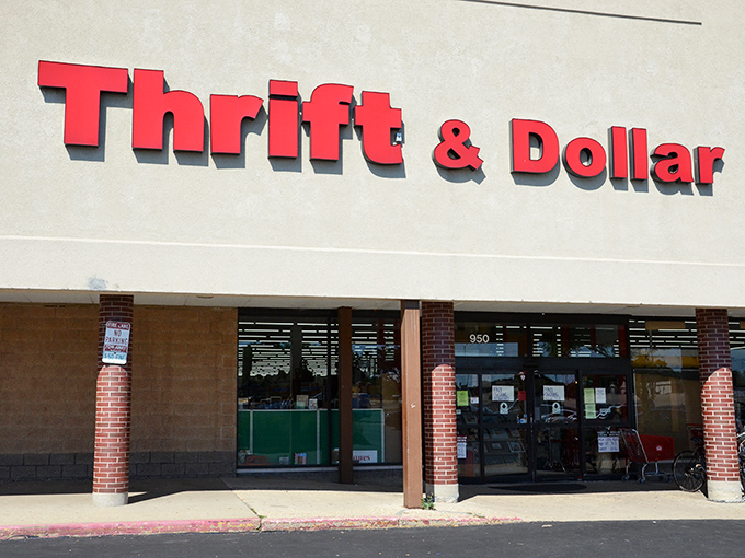 The bright red Thrift & Dollar Inc sign beckons shoppers inside, a shining beacon for treasure hunters seeking unbeatable deals.