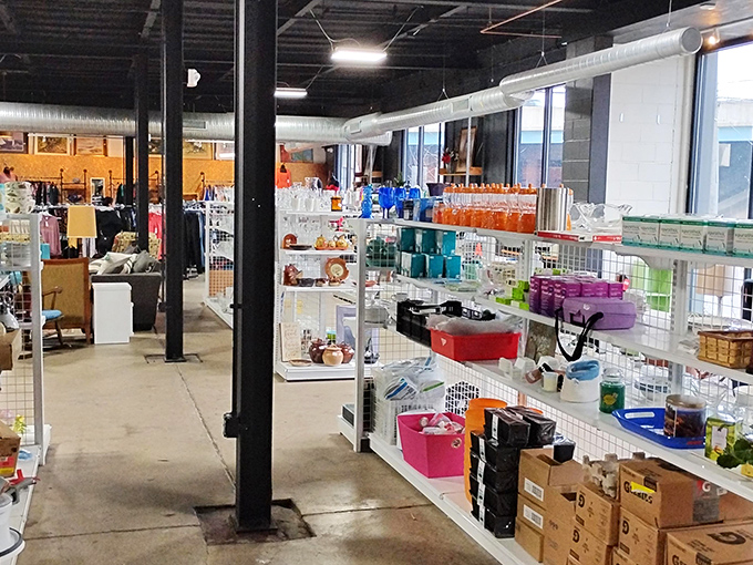 Organization meets opportunity in this treasure-filled aisle where colorful storage bins and household items await their second chance at making a home complete.