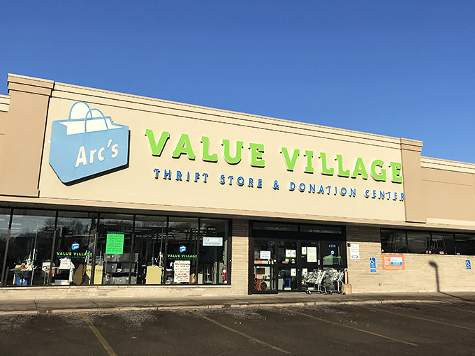 The bright green sign beckons like a siren call to bargain hunters. This unassuming exterior houses treasures that would make any thrift enthusiast's heart race.