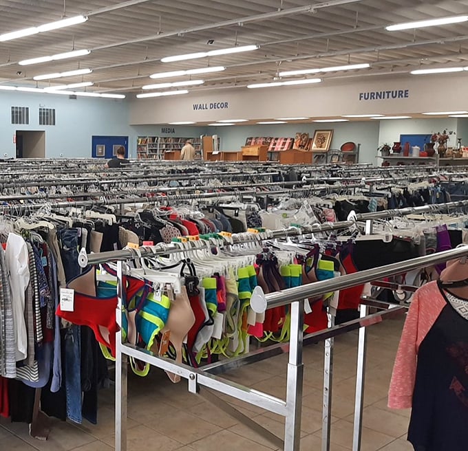 A thrifter's paradise stretches as far as the eye can see. The "Wall Decor" and "Furniture" signs promise domestic transformation on a budget.