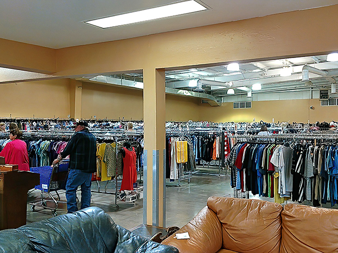 A treasure hunter's paradise awaits inside, where racks of clothing stand like soldiers guarding hidden gems among everyday basics.