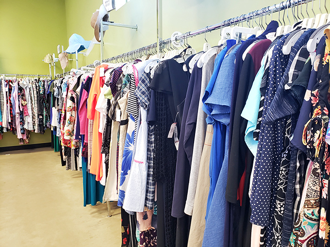 Rainbow-hued clothing racks stretch toward the horizon, each garment waiting for its second chance at fashion greatness.