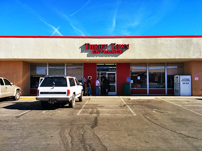 The unassuming storefront of Thrift Town belies the wonderland of treasures waiting inside. Like a portal to bargain heaven on Menaul Boulevard.