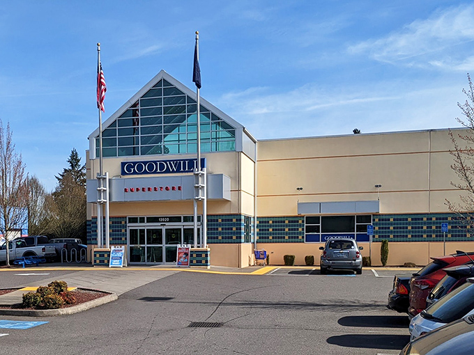The gleaming facade of Tigard's Goodwill Superstore stands like a cathedral to secondhand treasures, where retail therapy meets actual therapy for your wallet.