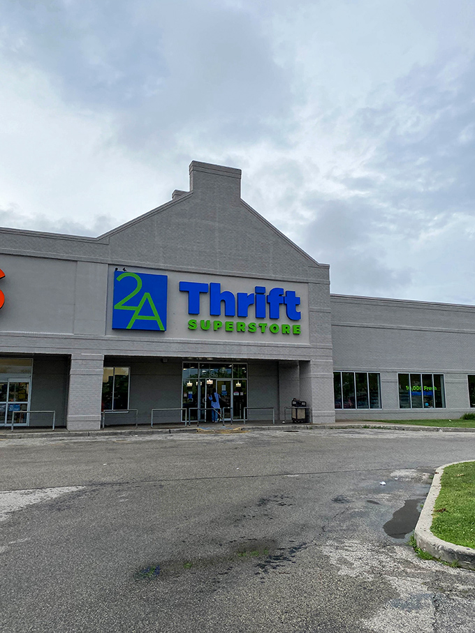 The iconic blue and green signage of 2nd Ave Thrift Superstore stands out against the clear Philadelphia sky, beckoning bargain hunters from miles around.