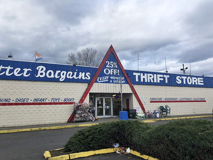 The blue-and-white facade of Better Bargains stands like a portal to another dimension, promising treasure hunts and 25% off adventures every Wednesday and Saturday.