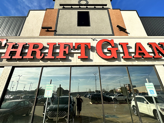 Morning light catches the distinctive architectural details of Thrift Giant's facade, where early birds gather for first dibs on the day's new arrivals.