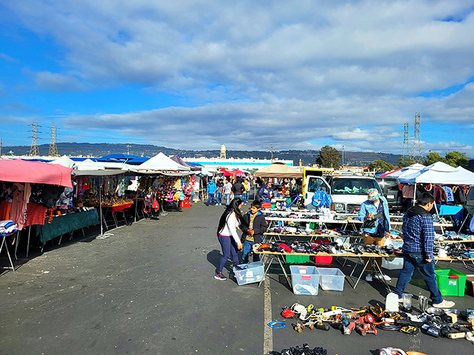 A treasure hunter's paradise stretches before you, where colorful tents create a patchwork landscape of possibility under Oakland's mercurial sky.