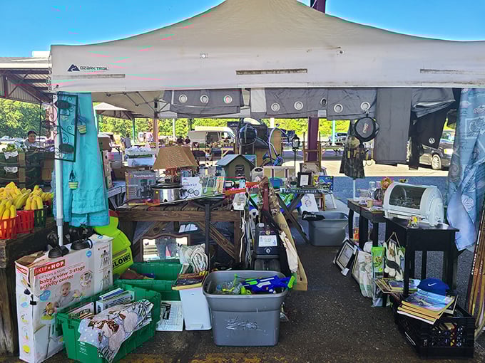 Treasure hunting begins here! A vendor's tent overflows with household items, toys, and knick-knacks&mdash;each with a story waiting to be discovered.