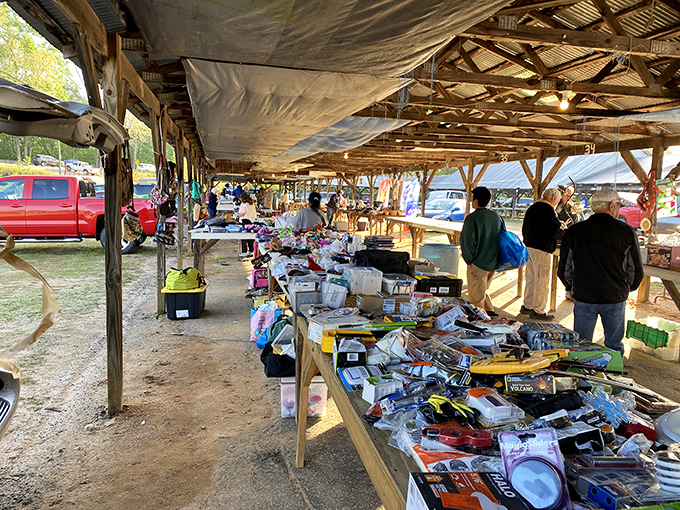 Dawn breaks over treasure hunter paradise. Tables stretch into the distance under rustic wooden shelters, where one person's castoffs become another's prized possessions.