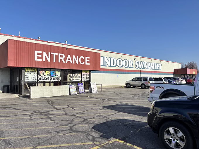 The unassuming exterior belies the treasure trove within. Like finding a secret portal to bargain heaven, this entrance promises adventure for the wallet-conscious explorer.