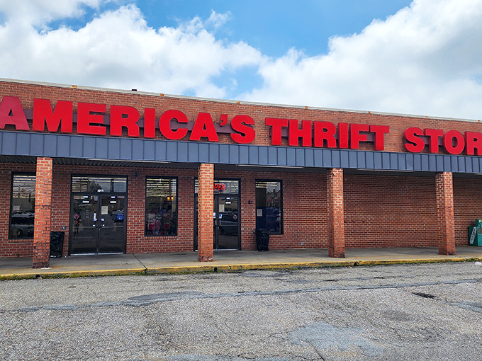 The bold red letters of America's Thrift Store beckon like a siren song to bargain hunters. No fancy frills, just the promise of treasures waiting inside.