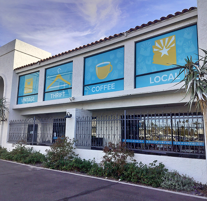 Welcome to thrift store paradise, where even the parking lot promises adventures in secondhand splendor.