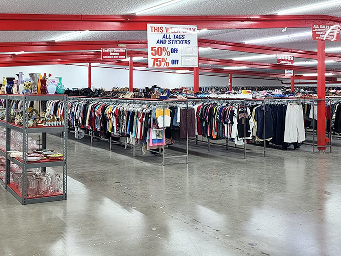 Racks upon racks of potential wardrobe revolutions await under signs promising discounts that'll make your wallet do a happy dance. 