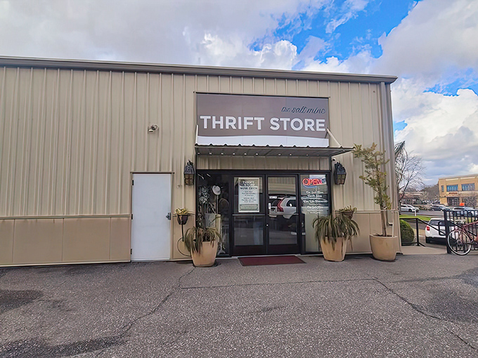 The unassuming exterior of treasure-hunting paradise. Like a Vegas casino, the beige metal building gives no hint of the jackpots waiting inside.