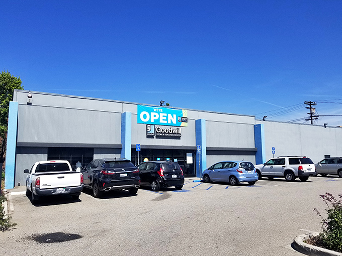 The unassuming blue exterior hides a treasure trove within—like finding a secret passage to bargain paradise in Pasadena's retail landscape.