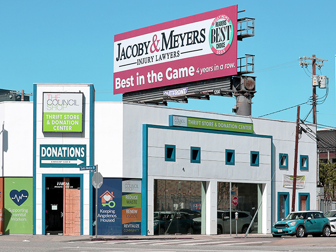 The Council Shop's cheerful exterior stands out on Santa Monica Boulevard like a beacon for bargain hunters. Those colorful panels aren't just for show—they're signaling "treasure inside!"
