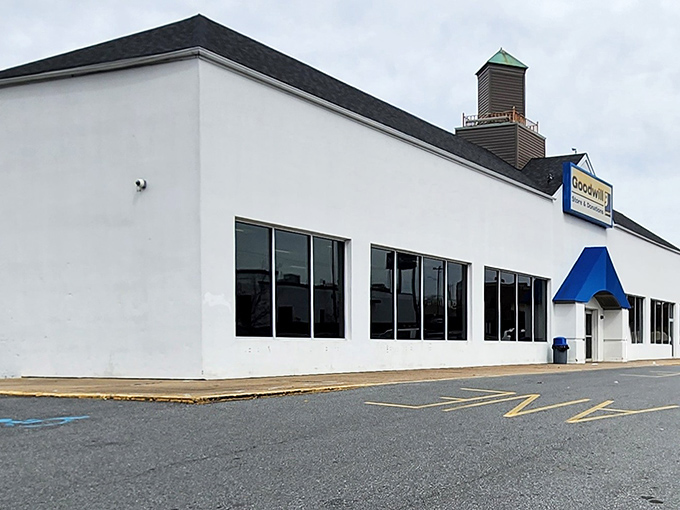The familiar blue-and-white Goodwill sign marks this expansive thrift store, where bargain hunters know big finds can come from humble storefronts and a browse through the racks.