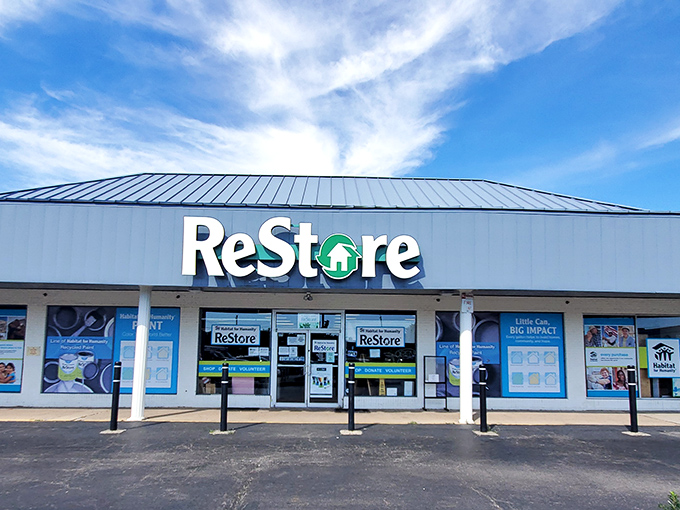 The ReStore's welcoming storefront stretches wide under Delaware's blue skies, promising treasure hunters a day of bargain bliss and purpose-driven shopping.