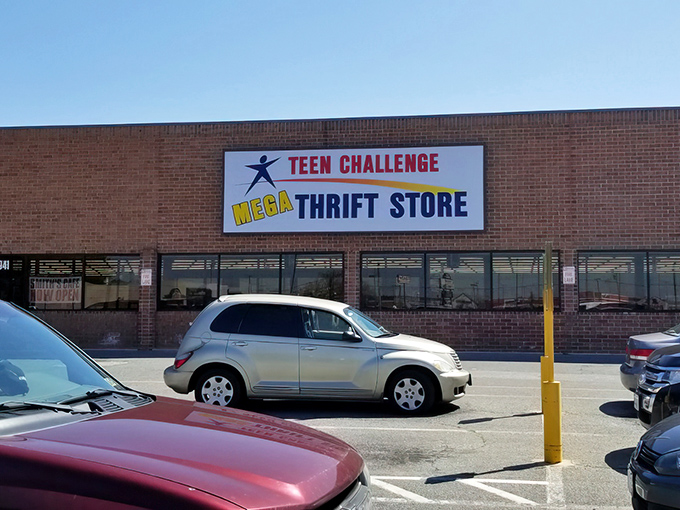 The iconic storefront beckons with its bold promise of "MEGA" treasures. Like a thrift store Narnia, what adventures await beyond those brick walls?