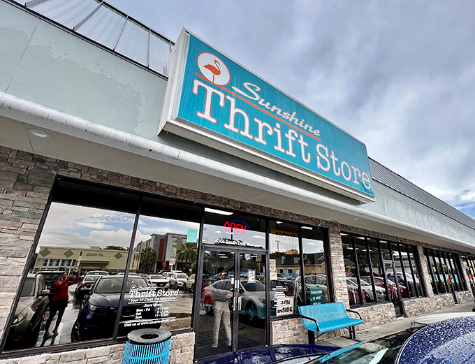 Rain or shine, the Sunshine Thrift Store's welcoming facade promises adventures in secondhand splendor. That bench outside? Perfect for resting after hours of successful scavenging.