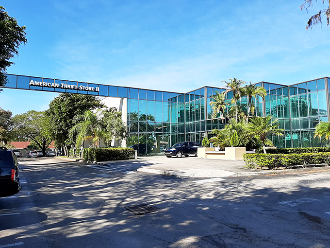 The gleaming glass facade of American Thrift Stores in Lauderhill looks more like a modern art museum than a secondhand shop. Treasure hunting begins here!