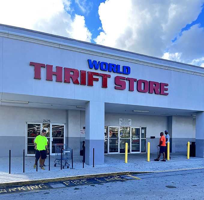 The iconic red and blue signage of World Thrift stands like a beacon for bargain hunters against the Florida sky, promising treasures within.