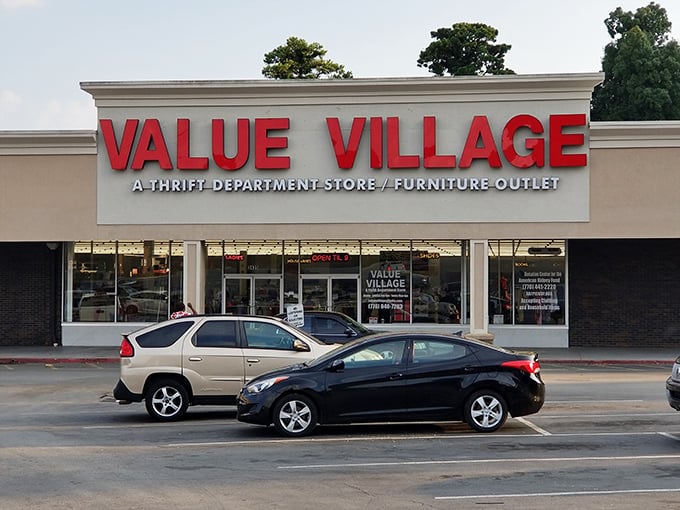 The iconic red letters of Value Village stand out against the gray sky, like a beacon calling all treasure hunters to their happy place.