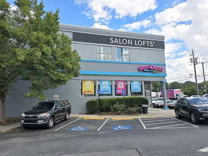 The vibrant blue and pink exterior of Out of the Closet announces itself like a beacon for bargain hunters on Atlanta's Piedmont Avenue.