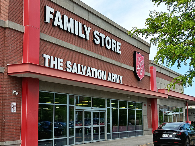The iconic red-trimmed exterior of Salvation Army on Clybourn Avenue stands ready to welcome treasure hunters. Behind these doors, retail therapy meets archaeological expedition.
