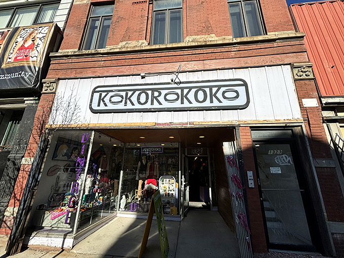 The unassuming storefront of Kokorokoko beckons from Milwaukee Avenue like a portal to decades past, promising fashion adventures for the bold and nostalgic.