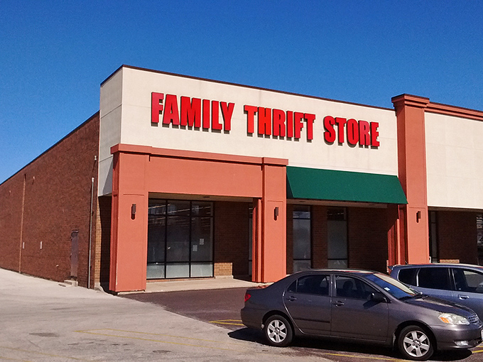 Under clear blue skies, Family Thrift Store stands ready for another day of connecting pre-loved treasures with their next caretakers.