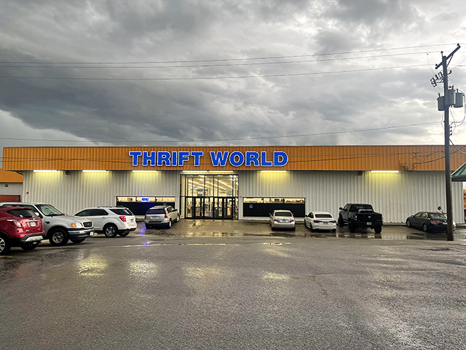Even on a rainy day, Thrift World's vibrant storefront stands out against gray skies &ndash; a colorful promise of indoor treasure hunting.
